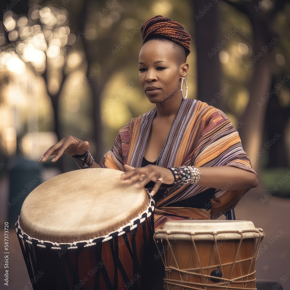 AI generated Beautiful african american woman playing a djembe in the ...