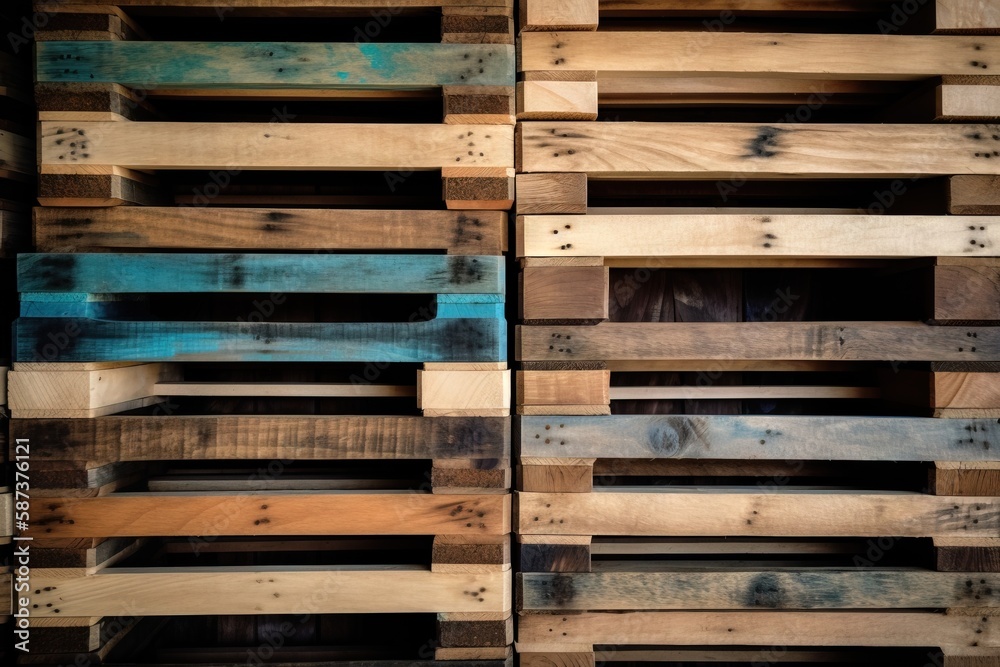 a stack of wooden pallets stacked on top of each other in a warehouse ...