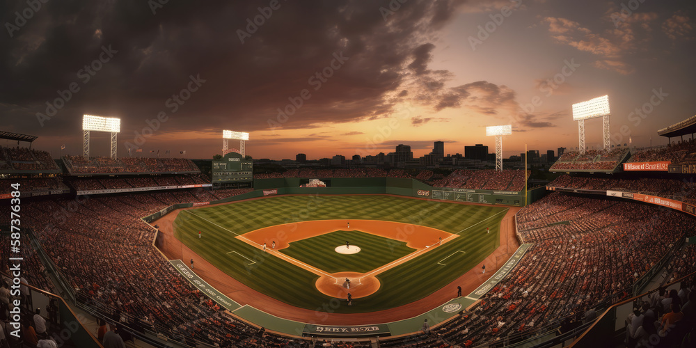 Baseball stadium during a warm summer evening. An exhilarating baseball ...