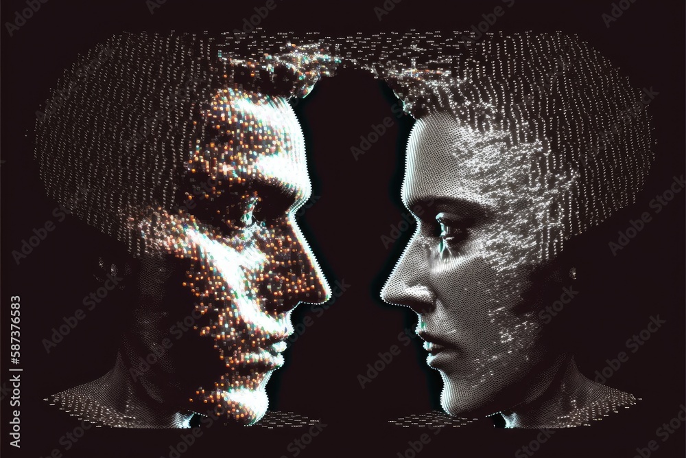 Surrealistic human face created by arrayed pixel particles face forming ...