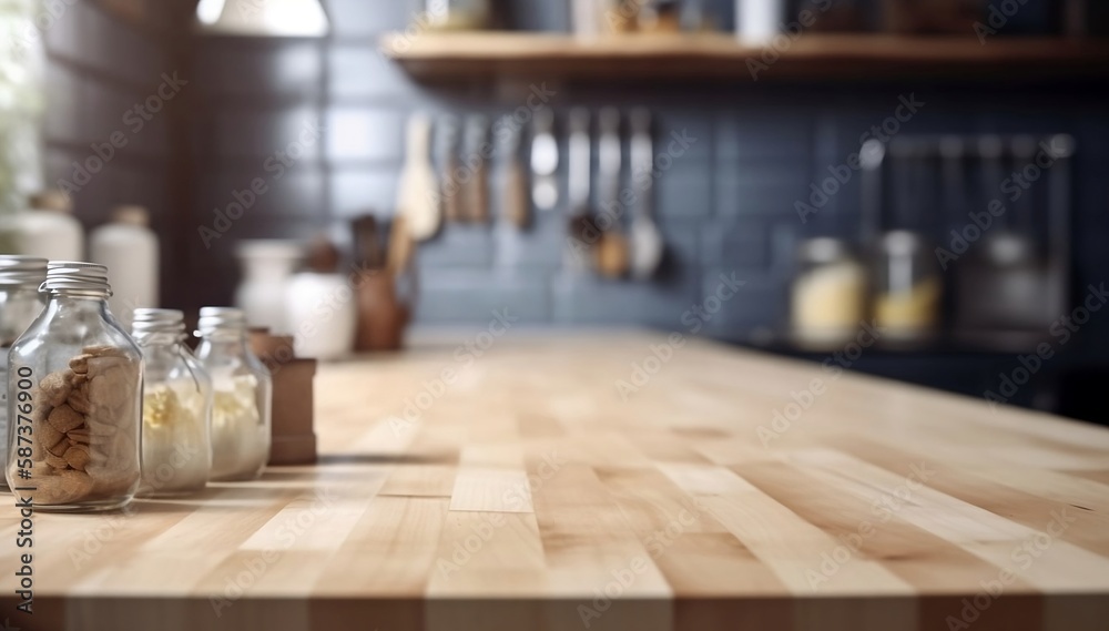 Empty Wooden Table in Kitchen for Product Placement with Blurred ...