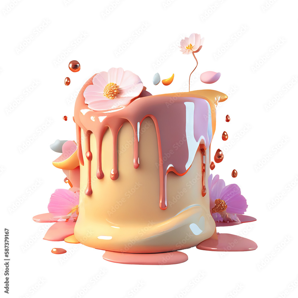 3d cute pink cake with flower. Happy birthday cartoon plastic style on ...
