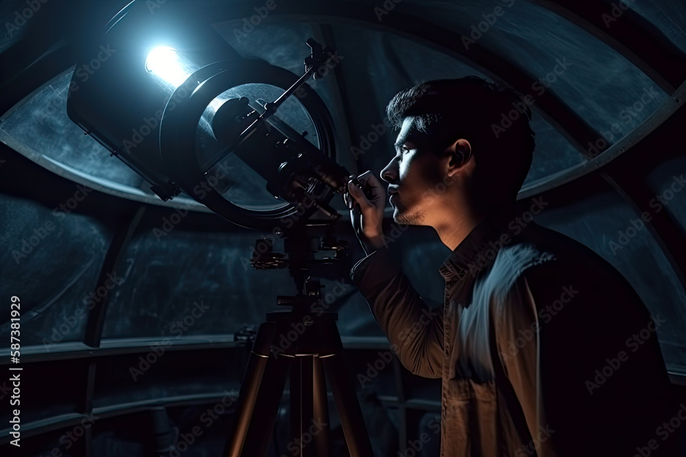 Generative Illustration AI of an scientist astronomer looking through a ...