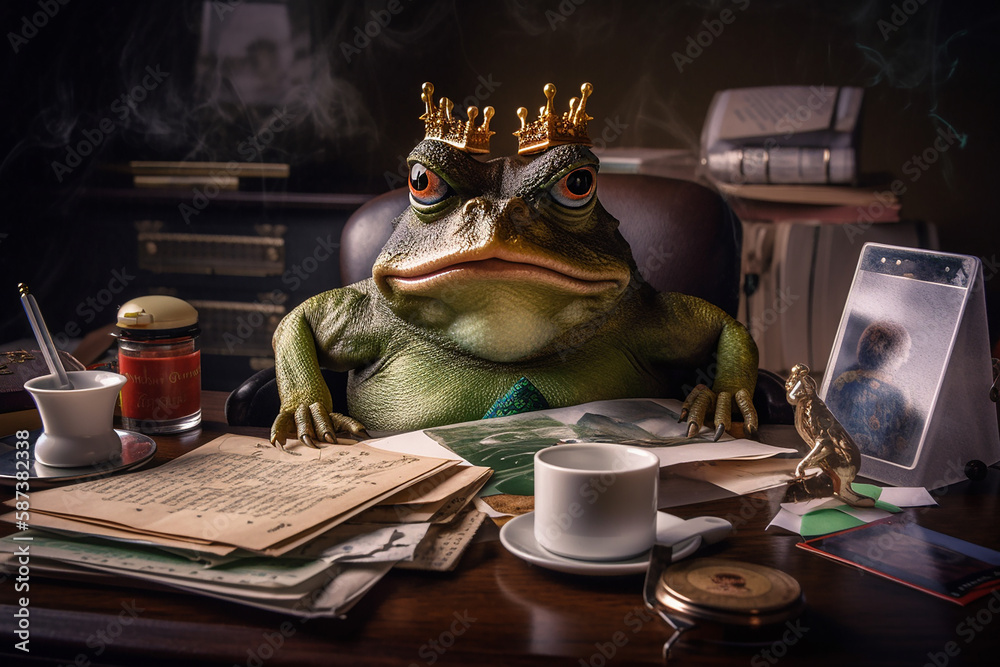 Serious company boss- frog with a king's crown on his head behind ...