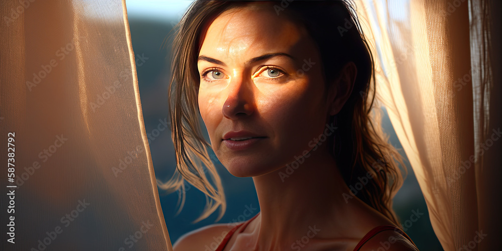 Woman standing near window, sun rays falling on cheeks - Generative AI ...