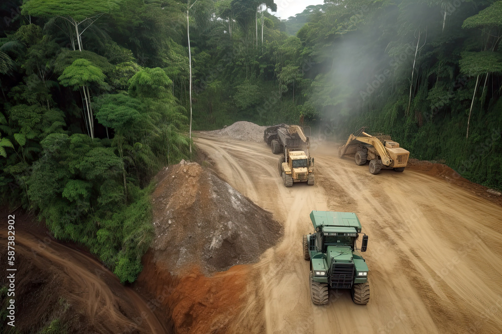 Generative AI Illustration of various trucks and heavy machinery doing ...