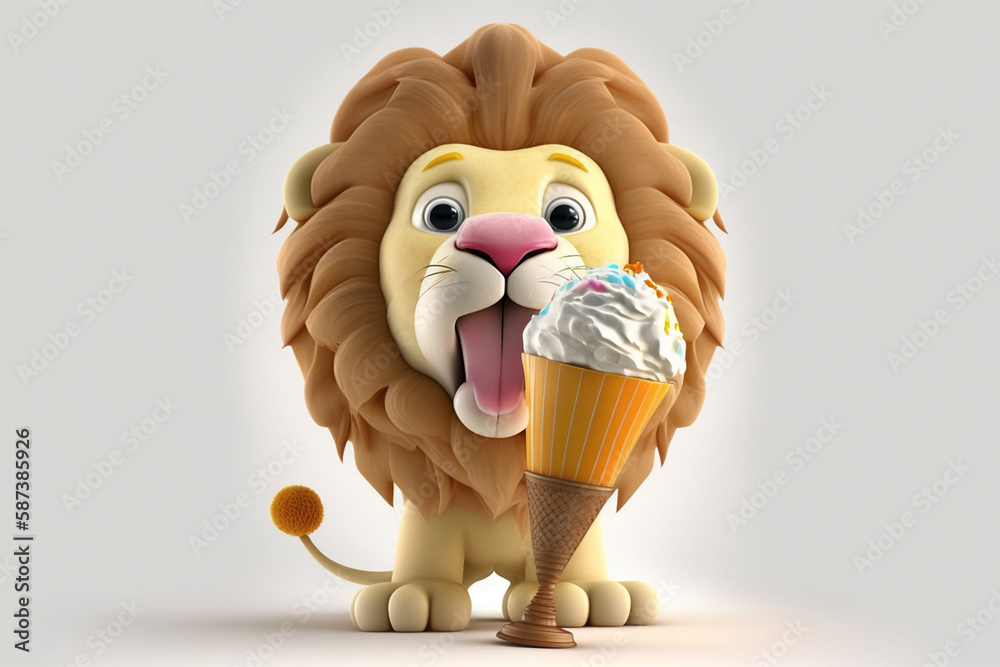 Cartoon lion with ice cream on a white background. Generated by AI ...