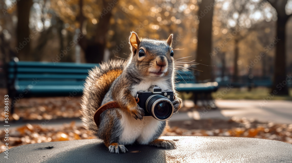quirky squirrel with a high-end camera in a bustling city park ...