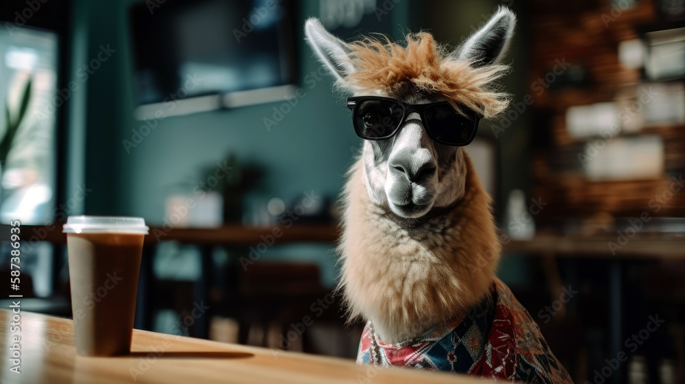llama wearing a trendy outfit and sunglasses serves as a barista in a ...