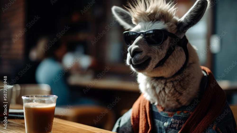 llama wearing a trendy outfit and sunglasses serves as a barista in a ...