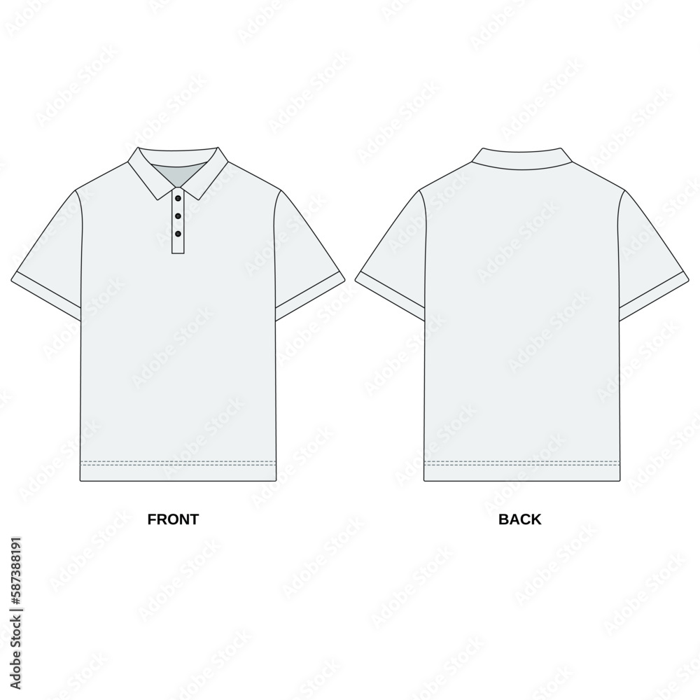 Outline drawing of short sleeve polo shirt front and back view. Polo t ...