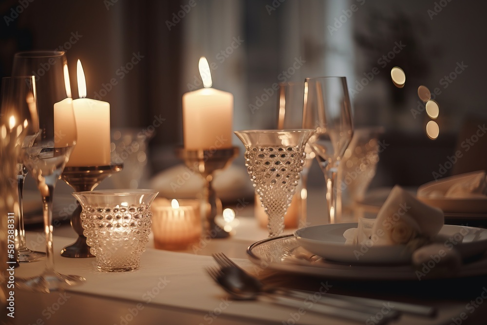 a table set with candles and plates and silverware for a formal dinner ...