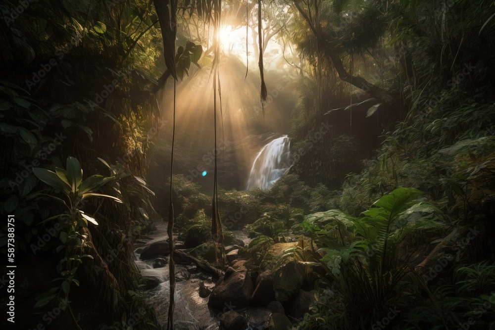 the sun shines through the trees in the jungle with a waterfall in the ...