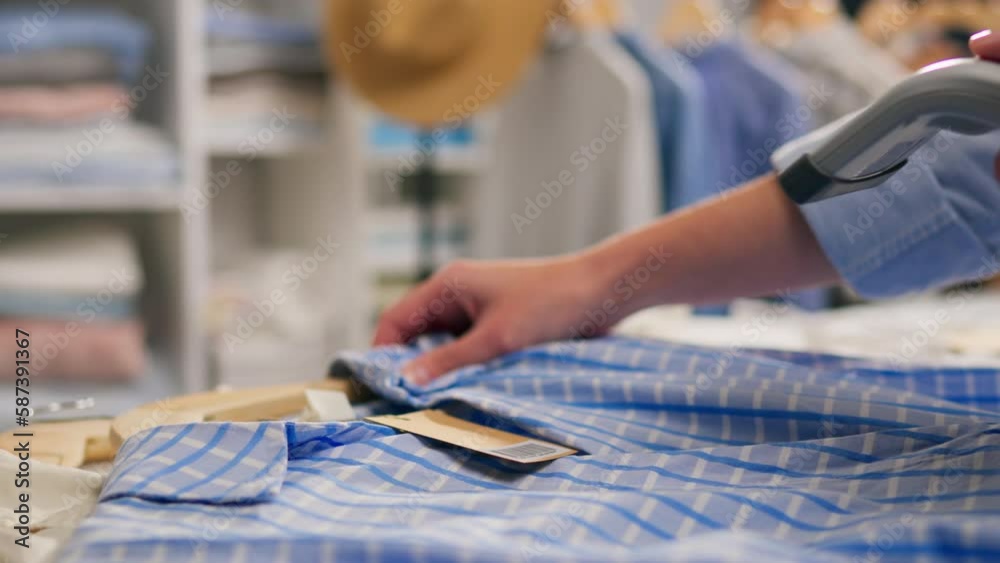 Wardrobe, Stylish fashionista Confidently Scans a barcode with a ...