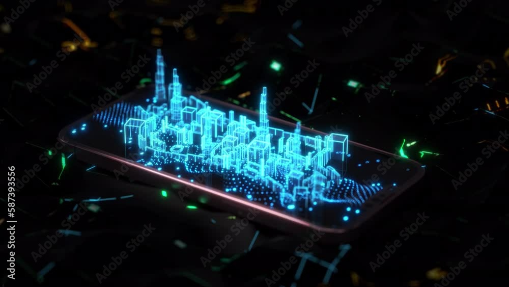 Stockvideon 3D model and rendering hologram polygon building city wire ...
