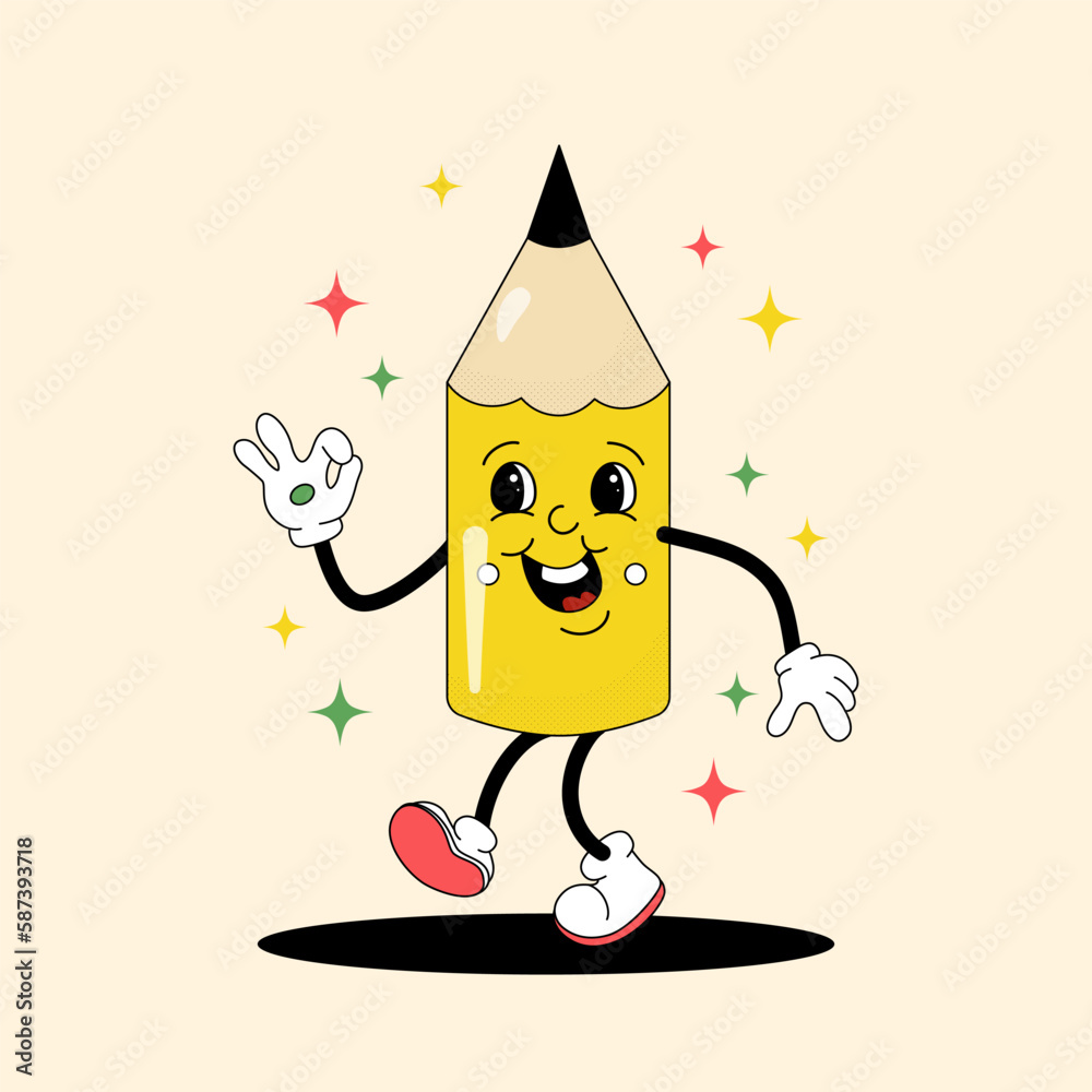 Comic flat yellow Pencil with face on decorated background. Vector ...