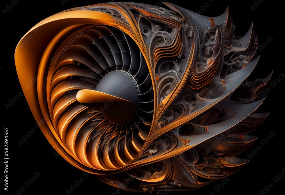 Jet engine, close-up view blades. Engine blades at the ends painted ...