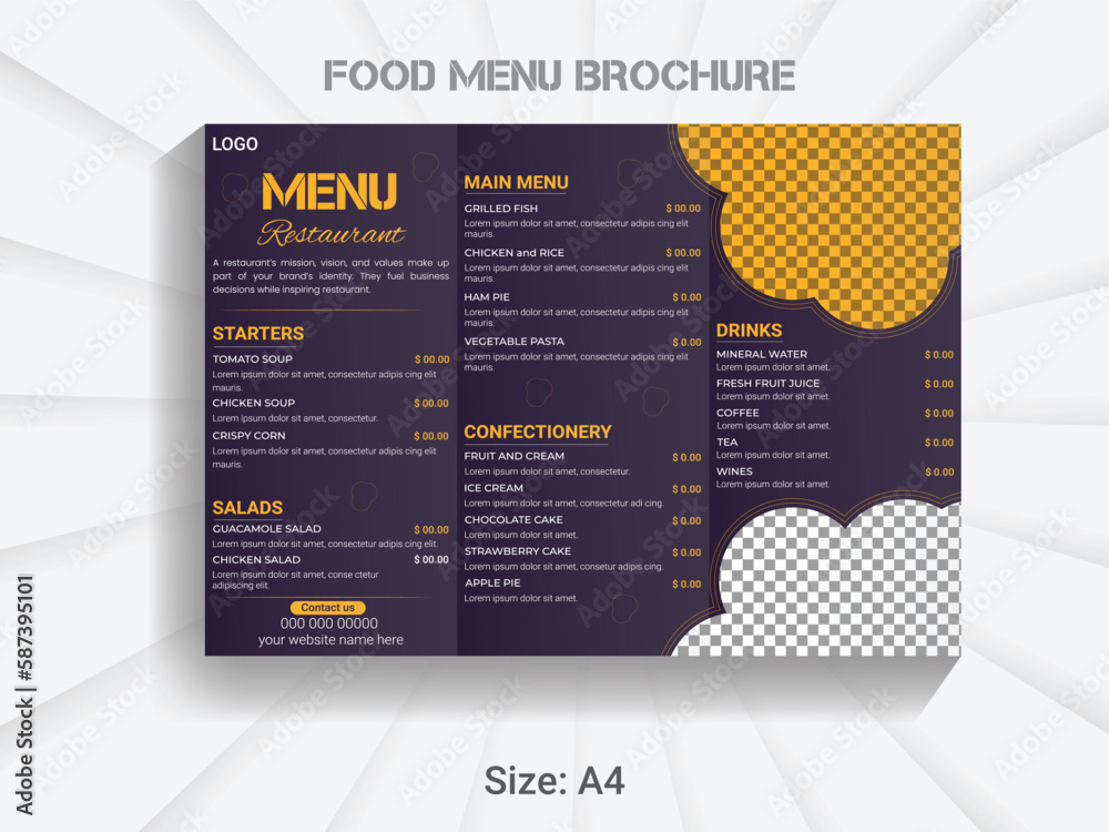 A4 size trifold brochure food menu template. modern vector restaurant ...