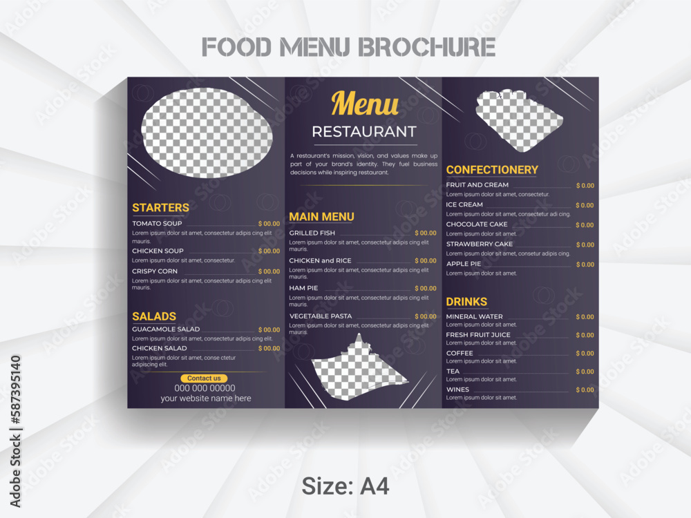 A4 size trifold brochure food menu template. modern vector restaurant ...