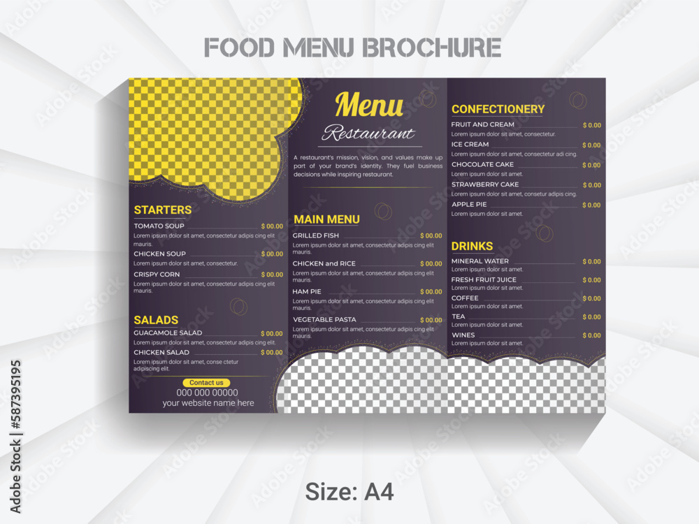 A4 size trifold brochure food menu template. modern vector restaurant ...