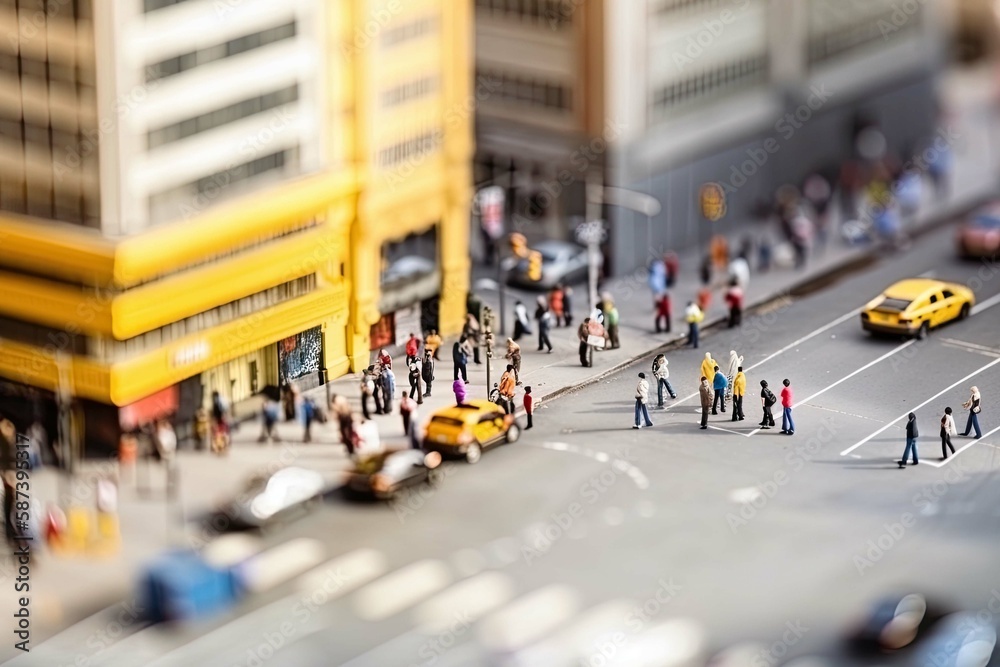 City life with living building facades and people walking at street ...
