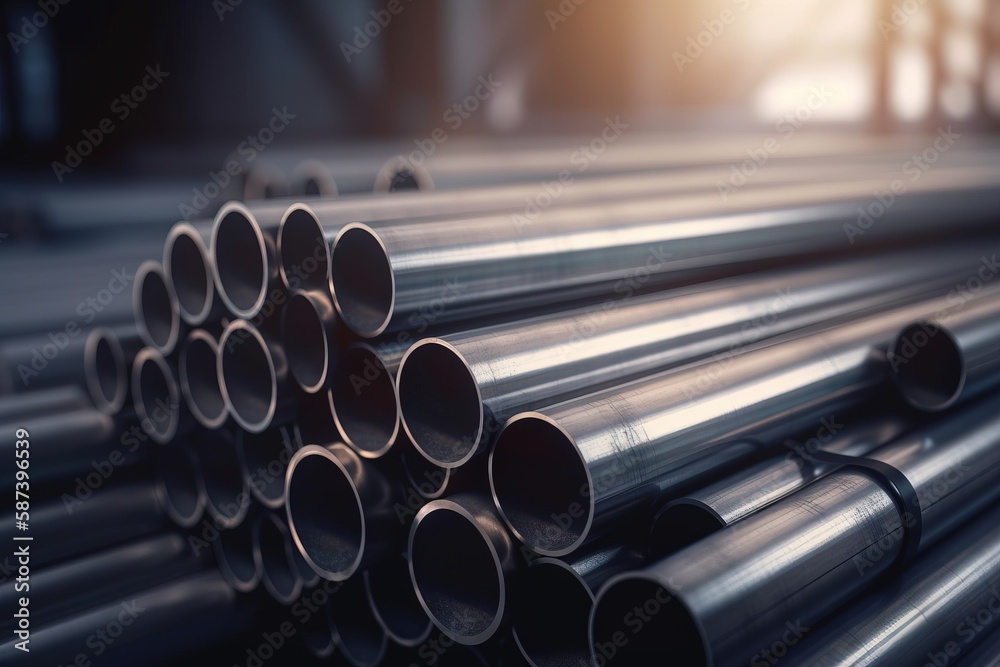 a stack of steel pipes in a warehouse with sunlight coming through the ...