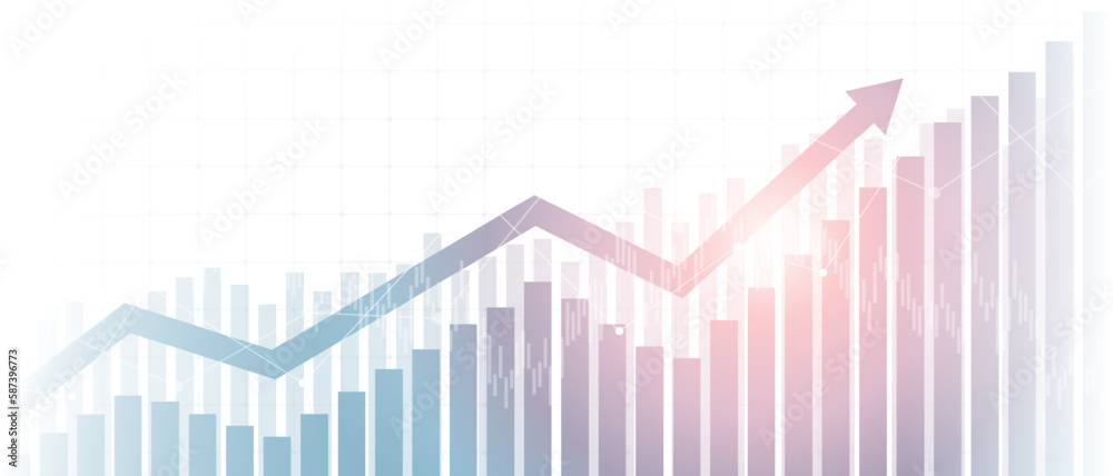 Widescreen financial chart with moving up arrow line graph and glowing ...