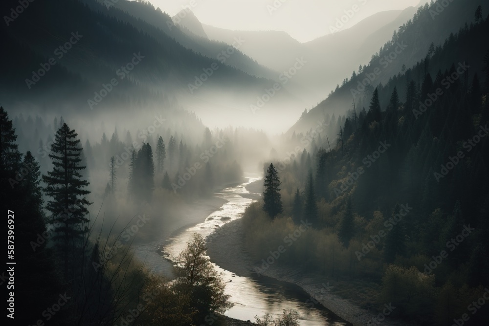 a river running through a forest filled with lots of trees on a foggy ...