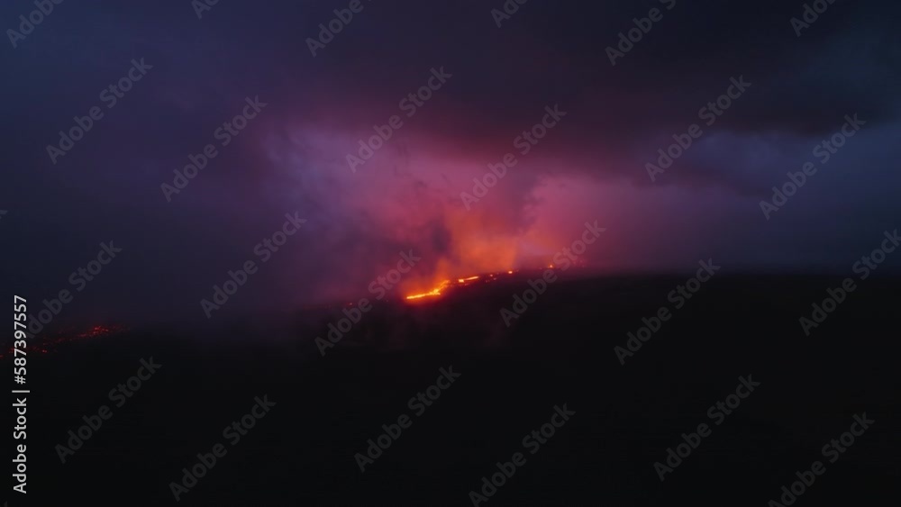 Incredible dramatic volcanic eruption. Crazy flyover above lava river ...