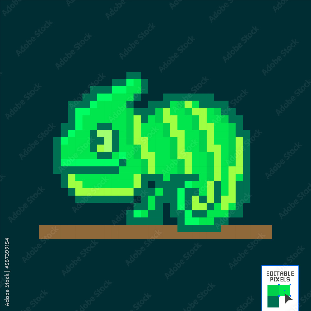Vetor de 8 bit pixel chameleon green colored. Animal game assets in ...