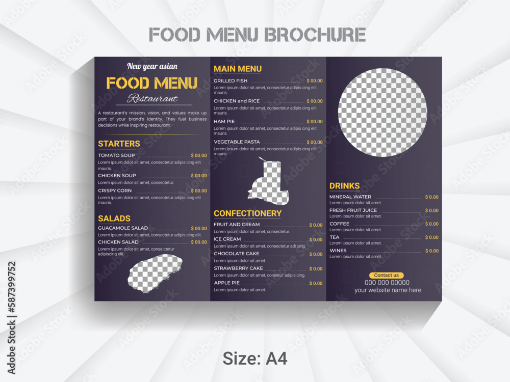 A4 size trifold brochure food menu template. modern vector restaurant ...