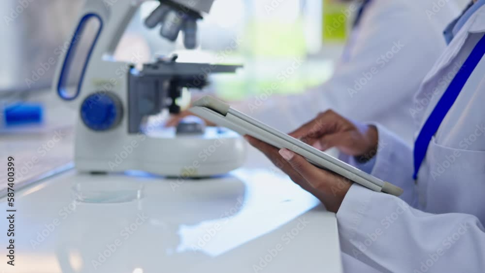 Hands, tablet and typing in laboratory for science study, schedule and ...