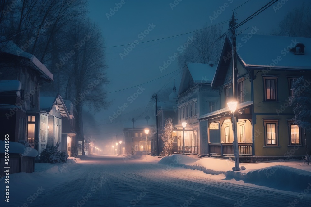 a snowy street at night with a house and street lights in the snow on ...