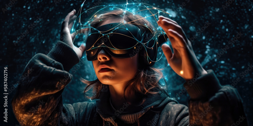 young girl wearing a VR headset, fully immersed in a cosmic environment ...