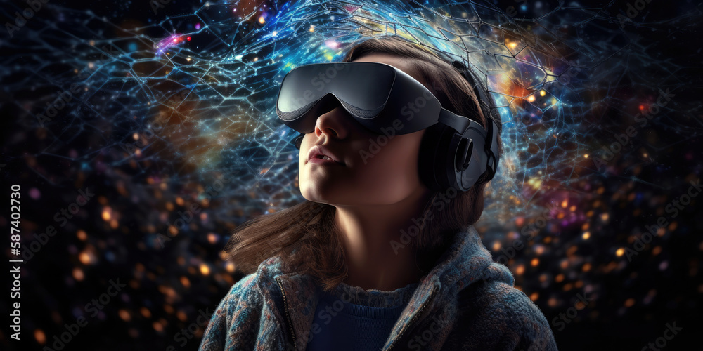 young girl wearing a VR headset, fully immersed in a cosmic environment ...