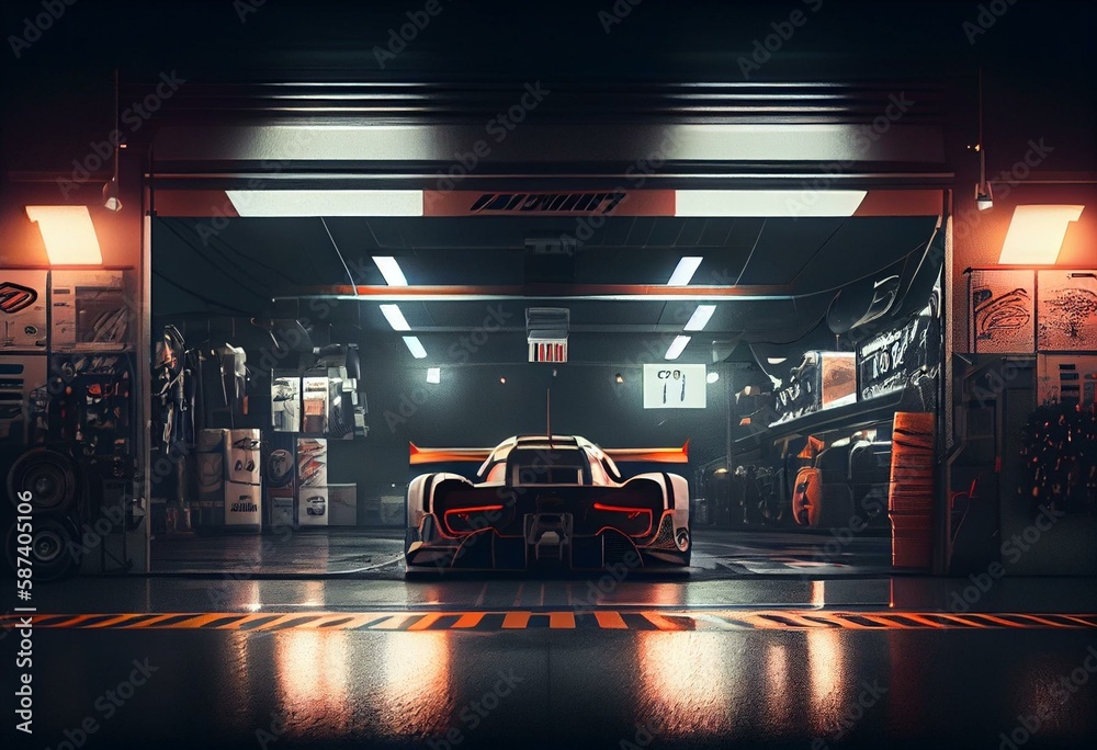 Empty race car garage with international race track background , night ...