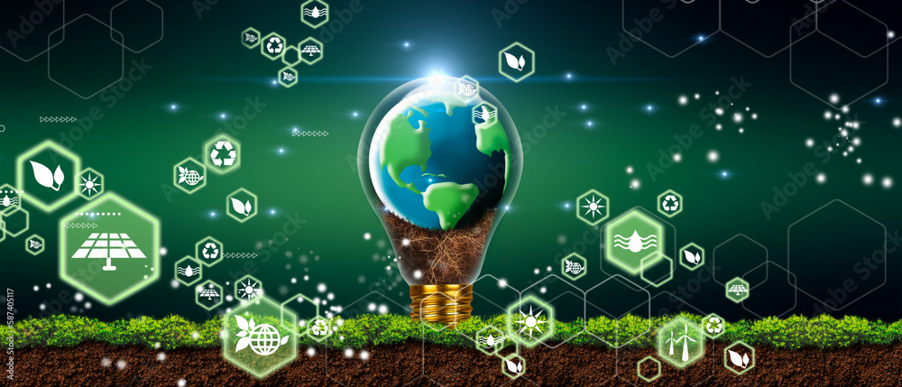 Bulb with Earth inside as energy efficiency concept. Renewable energy ...