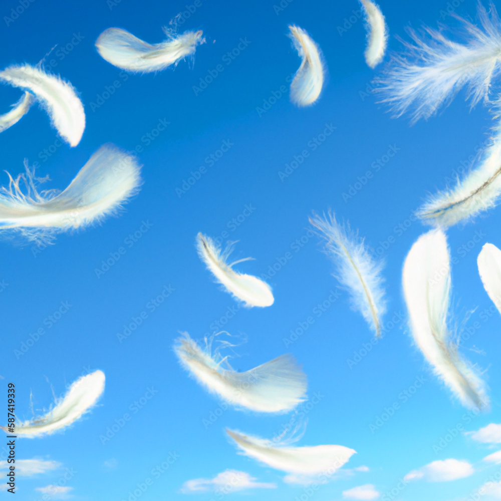 Fluffy white feathers falling down in a blue sky. Feather floating ...