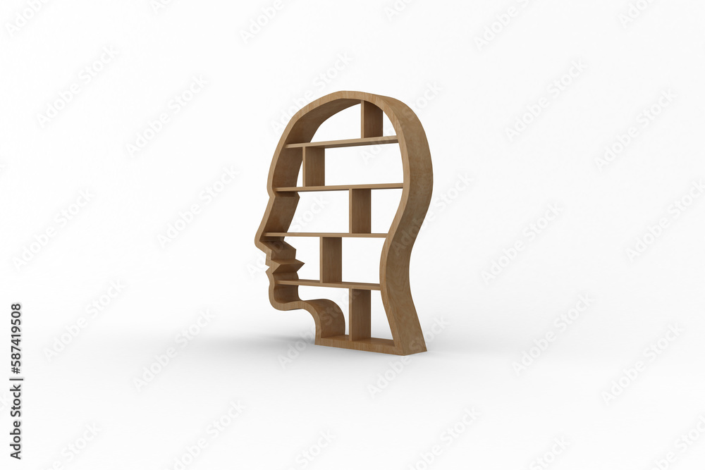 Empty human face shape bookshelves against white background Stock ...