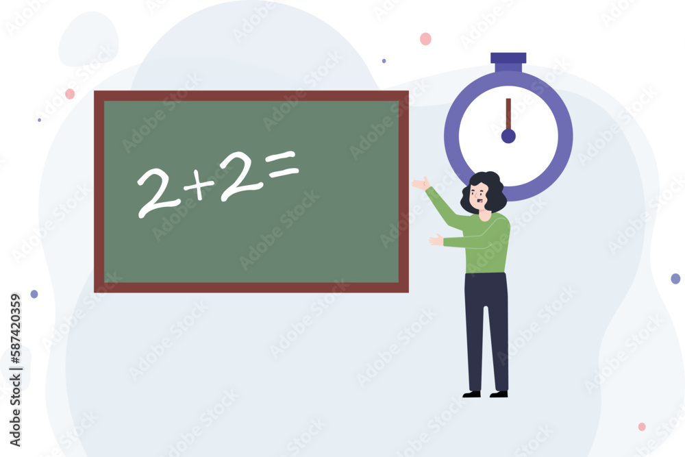 A maths classroom with a formula on the blackboard, a teacher and a ...