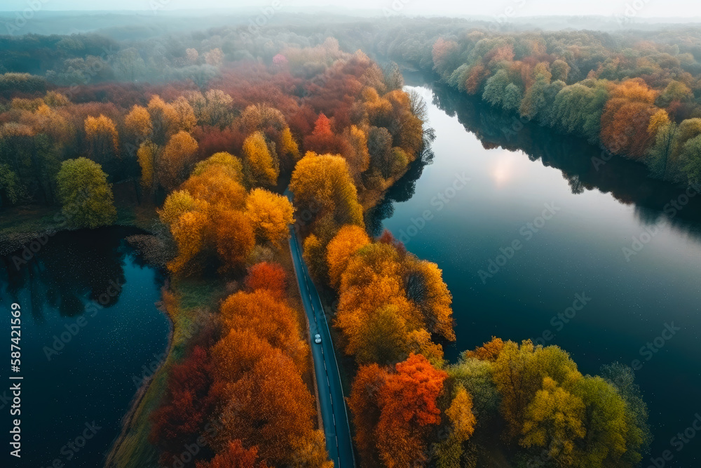 An aerial view of a road going between two lakes. Created with ...