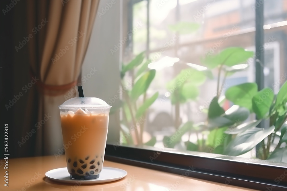 bubble tea with tapioka pearls in a restaurant, coffee shop on a table ...