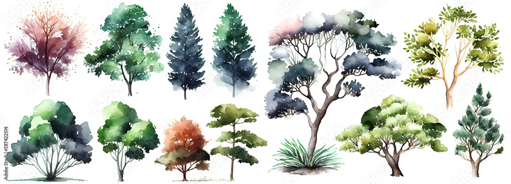 Watercolor trees collection. Set of hand drawn trees. Forest tree pack ...