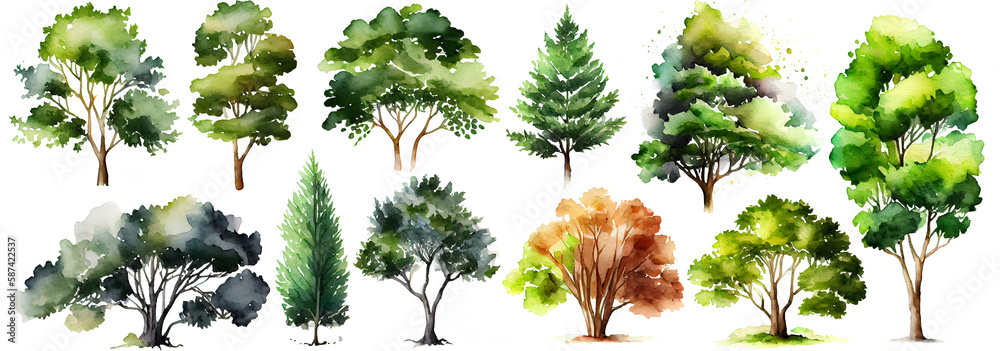 Watercolor trees collection. Set of hand drawn trees. Forest tree pack ...