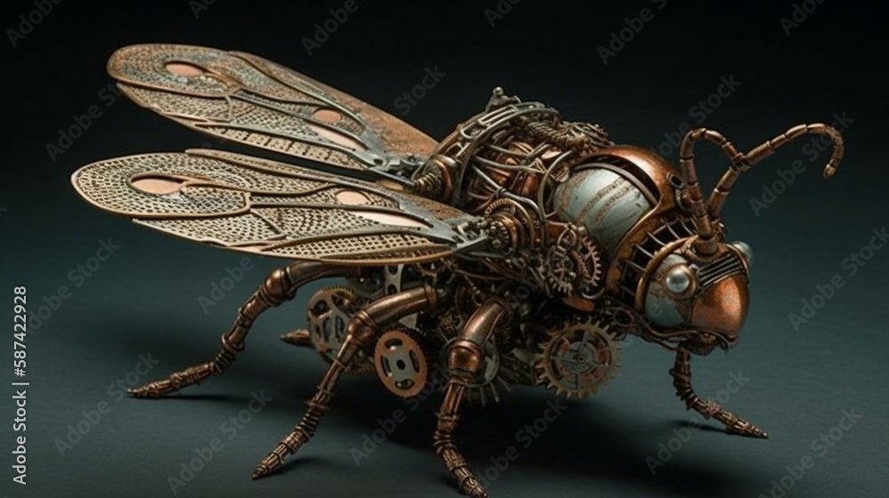 An insect with a thorax and abdomen crafted from cogwheels and gears ...