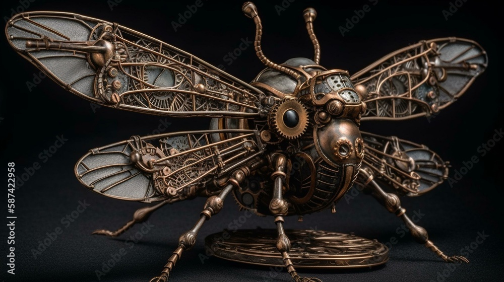 An insect with a thorax and abdomen crafted from cogwheels and gears ...