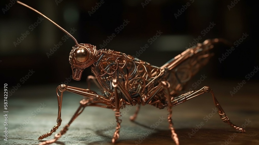 A grasshopper with a body made of polished bronze, its legs and ...