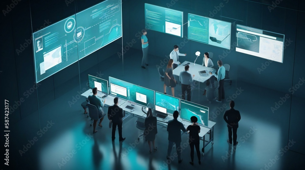 Depict teams of professionals working together using large interactive ...