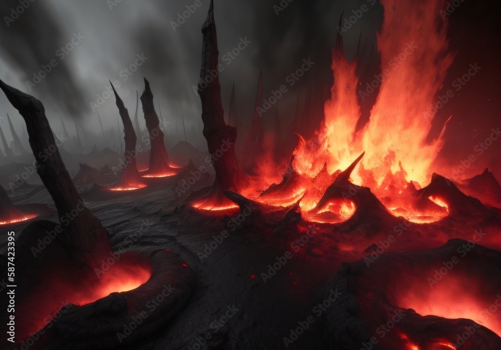 Underground hell landscape. Digital illustration of fantasy environment ...