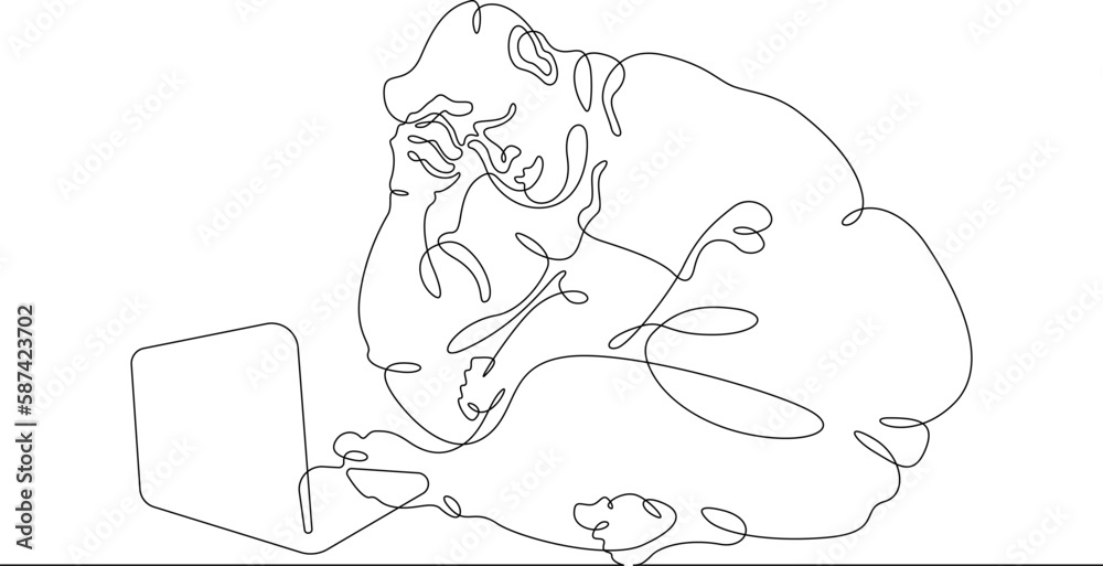 One continuous line. Fat man with a computer. Male character is looking ...